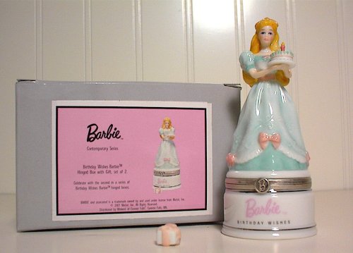 Barbie Birthday Wishes Blue with Present Trinket Porcelain Hinged Box Trinket Box