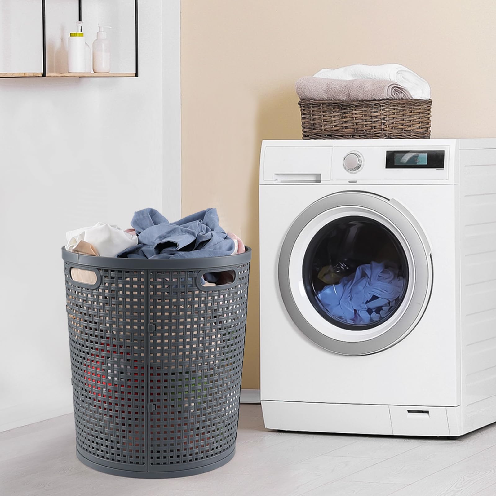 Saedy 42 L Plastic Laundry Storage Basket, 1 Pack Round Clothes Hamper, Gray, F