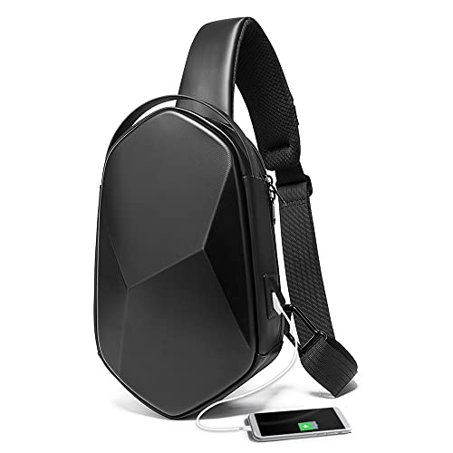 BANGE Sling Bag Waterproof Safe Protect Shell Crossbady Bag Backpack, Biking Hiking Travel Shoulder Bag (Black with USB)