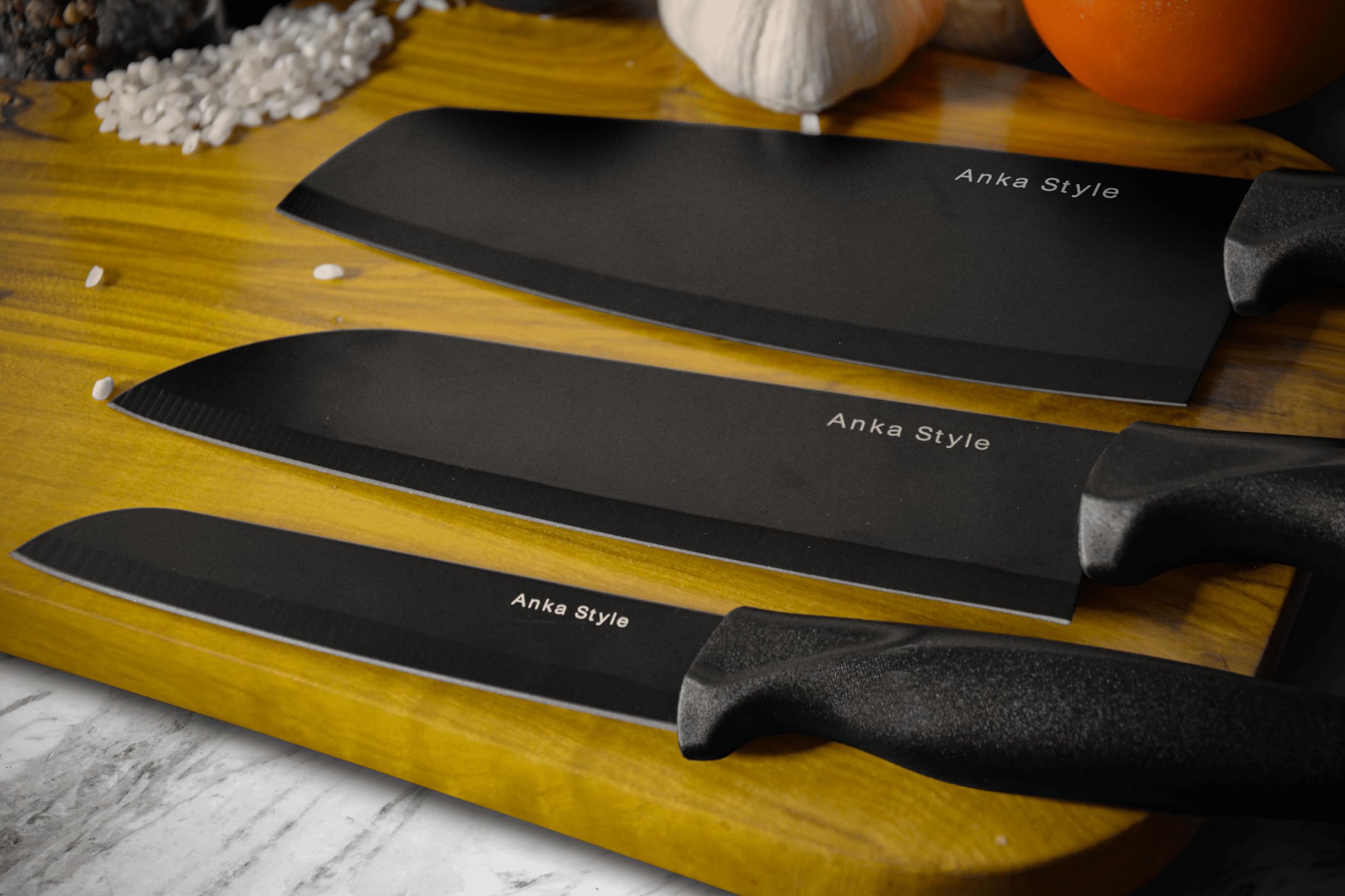 A K Anka style 3 Pcs Black Stainless Steel Knife Set - Premium Chef Knives Set for Kitchen - Culinary Knife Set Gift Box