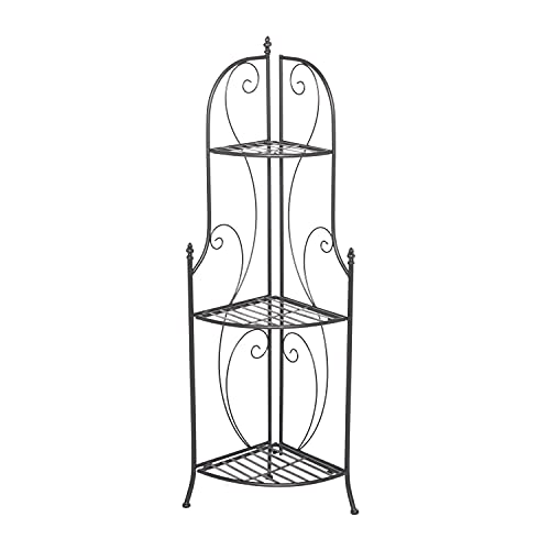 Deco 79 Metal Scroll Indoor Outdoor Tall Folding 3 Shelf Bakers Rack, 17" x 11" x 46", Black