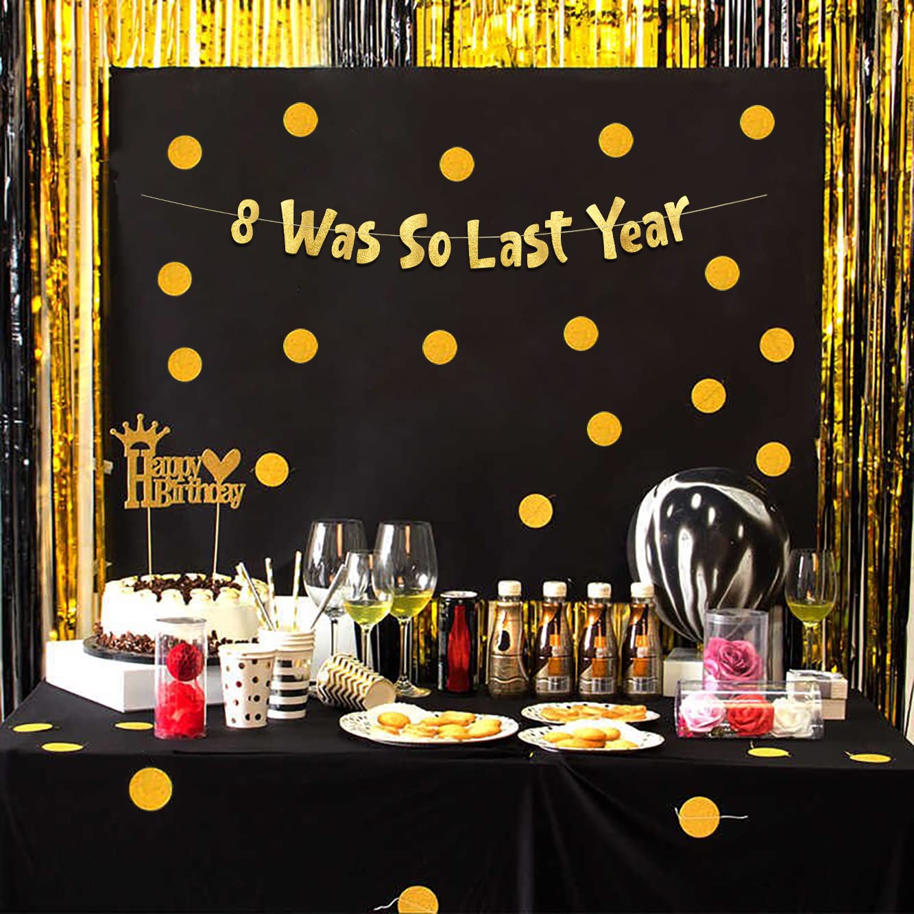 9th Birthday Gold Glitter Banner - Happy 9th Birthday Party Decorations, Supplies and Favors - 9th Wedding Anniversary Decorations