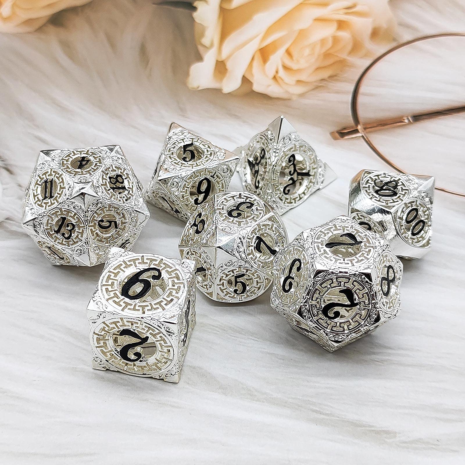 Metal Dice Set 7pcs DND - Table Game RPG Hollow Dice Silver and Black, with Metal Gift Box, Suitable for Dungeon and Dragon D&D MTG, Math Teaching, Polyhedron D4 D6 D8 D10 D10% D20