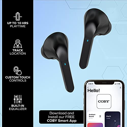 Coby Noise Canceling Earbuds Wireless, Black | Wireless Headphones Bluetooth Earbuds | Noise Canceling Headphones Wireless Bluetooth Headphones, Touch Controls, Lost Tracker | Up to 10-HR Play