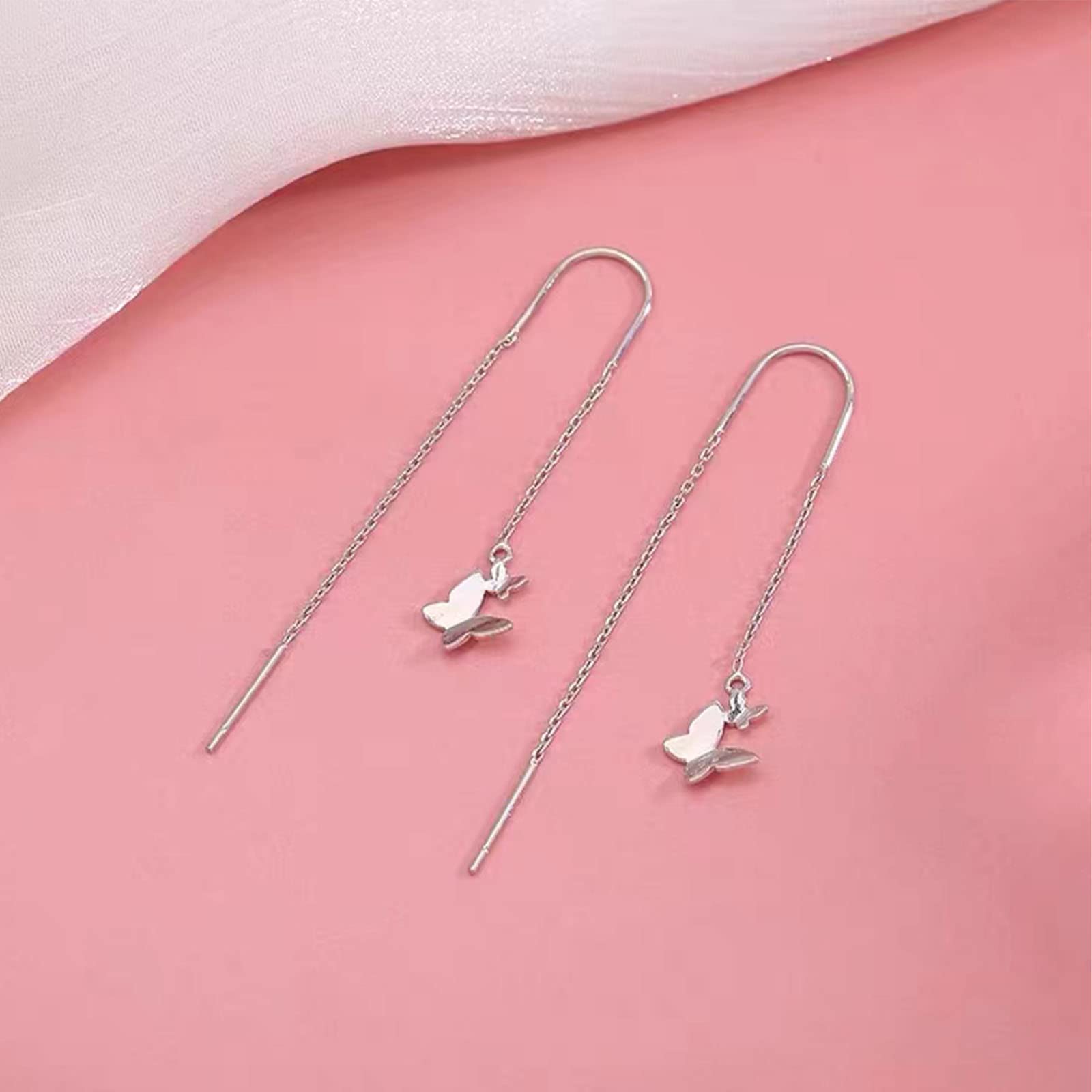 925 Sterling Silver Crystal Butterfly Drop Dangle Earrings for Women Long Tassel Chain Threader for Women Statement Jewelry