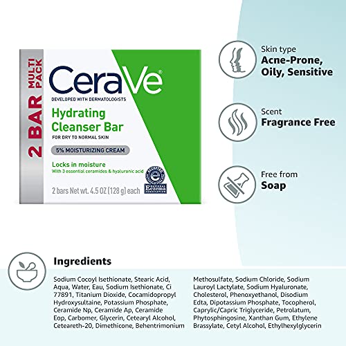CeraVe Hydrating Cleanser Bar, Soap-Free Body and Facial Cleanser with 5% Cerave Moisturizing Cream, Fragrance-Free, 2-Pack, 4.5 Ounce Each