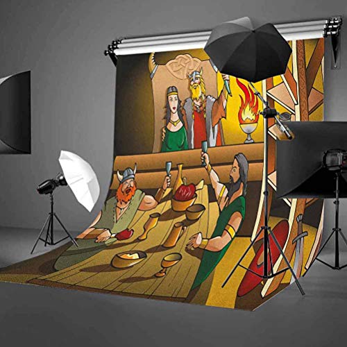 9x16 FT Cartoon Vinyl Photography Backdrop,King and Queen Feasting with Brave Warriors Ancient Scandinavia Medieval Historical Background for Party Home Decor Outdoorsy Theme Shoot Props