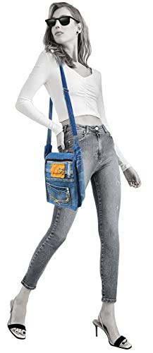 BDJ Upcycling Blue Denim Jeans Oblong Small Cross Body Shoulder Handbag Purse (Small Crossbody 5)