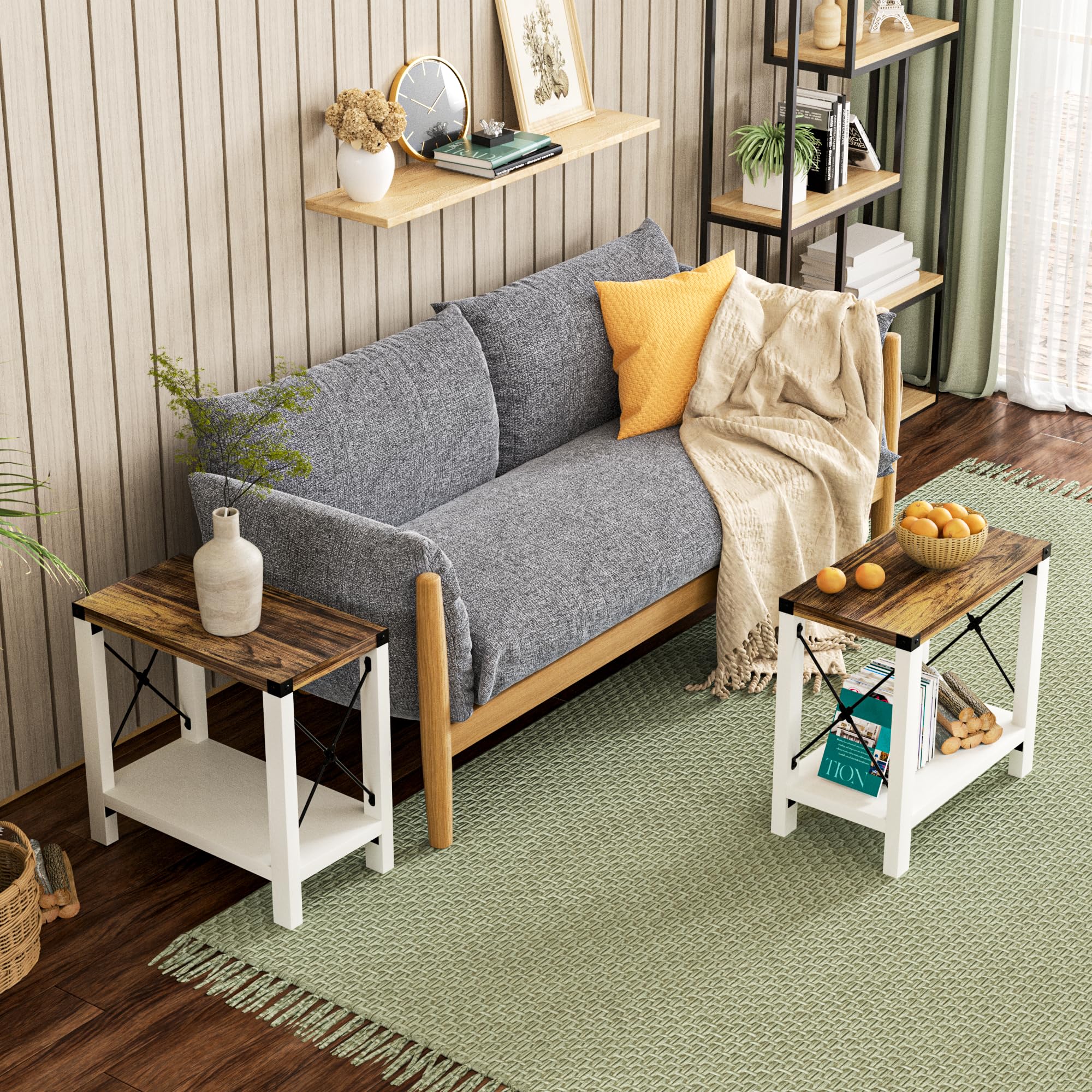 GAZHOME Farmhouse End Table for Small Spaces, Set of 2,Narrow Side End Table with Storage Shelf, Rustic X-Design Nightstand Sofa Table for Living Room, Bedroom White