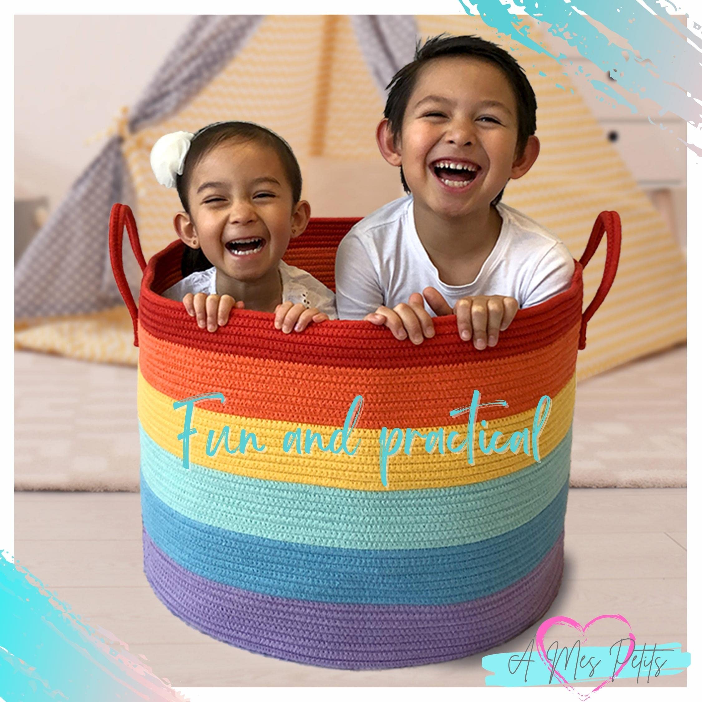 À Mes Petits 22"x16" Rainbow Rope Basket with Lid, Extra Large Rope Basket, Rainbow Basket, Cotton Rope Basket with Lid, Rainbow Decor, Rainbow Classroom Décor, Rainbow Storage
