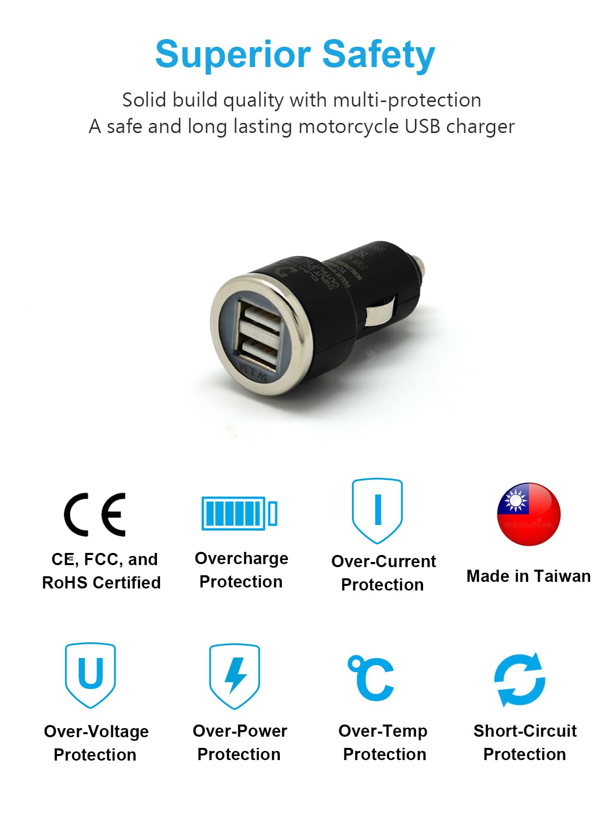 Cliff-Top® 3.3 Amp Ultra Fast USB Car Charger (Auto Shunt) for Auto, Truck, Motorcycle, and Marine - Made in Taiwan (Black)
