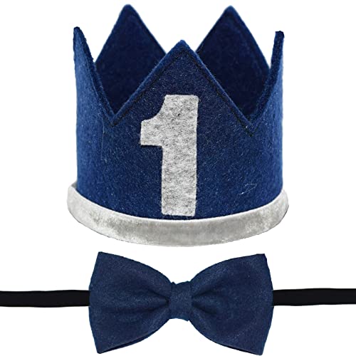 Maticr Classic Felt 1st Birthday Crown Hat Baby Boy Number 1 Headbands Prince Princess Cake Smash Photo Prop (Navy Blue, Medium)