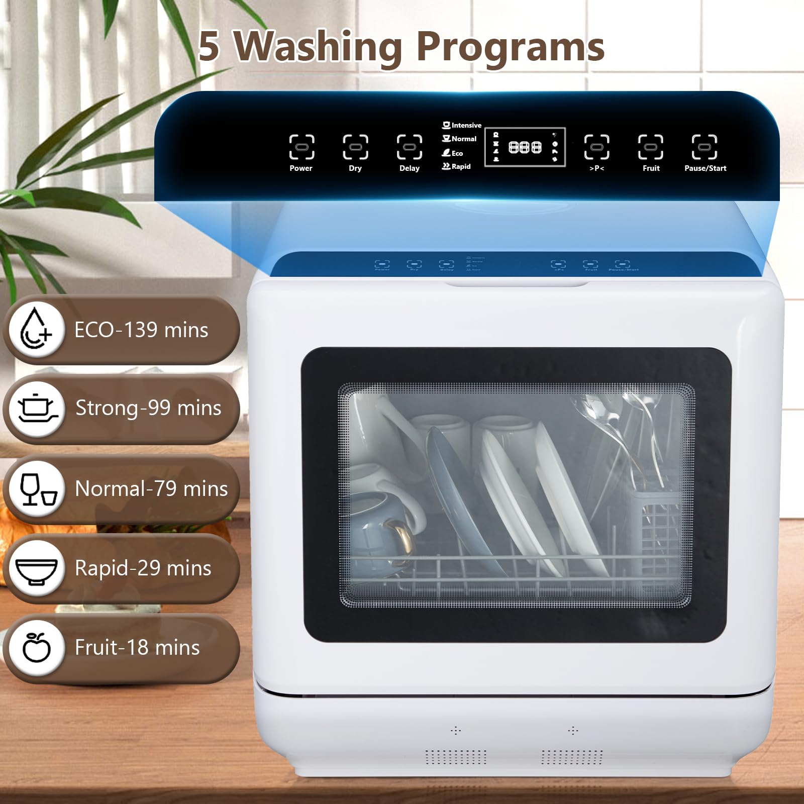 Agrestem Portable Dishwasher,Countertop Dishwasher with Water Tank,5 Programs, Dual Sprays,149℉ High Temp & Air Dry, Mini Dishwasher for RVs & Apartments