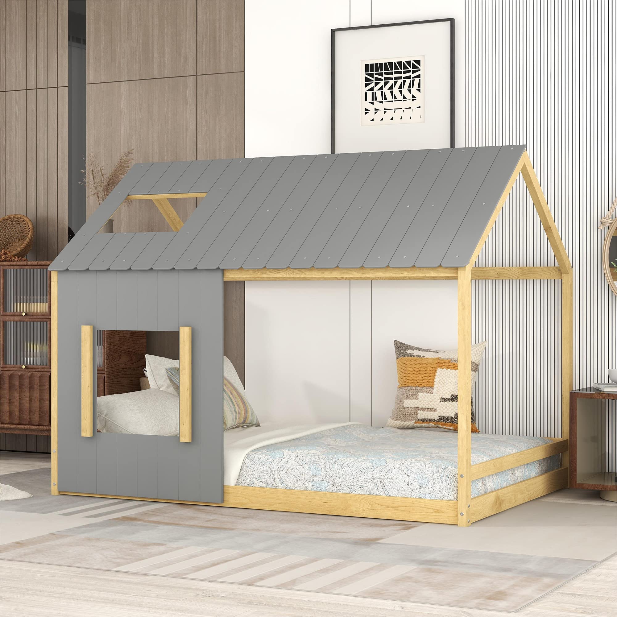 Full House Bed, Montessori Bed Full Size Floor Bed with Rails and Roof, Window, Solid Wood Platform Bed Frame with Slats, for Kids Teens Girls Boys (Full Size, Gray+Natural)