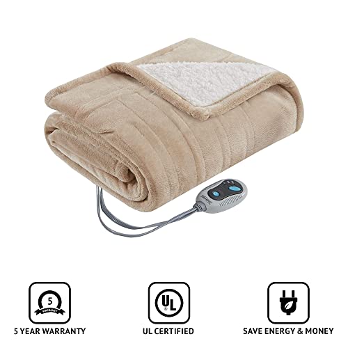 Beautyrest Reversible Sherpa to Fleece Electric Wrap Poncho Blanket Shawl Wearable, Auto Shut Off, Virtually Zero EMF, Multi Heat Setting, UL Certified, Machine Washable, Tan 50" x 64"