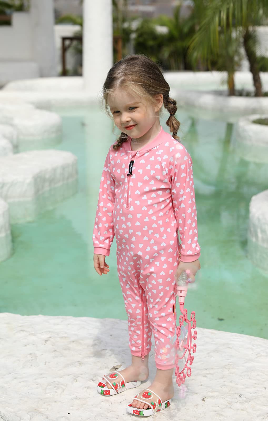 weVSwe Baby Toddler Sun Protection Rash Guard One Piece Pink Heart Girls Swimsuit Crotch Zipper for Easy Diaper Changes Newborn