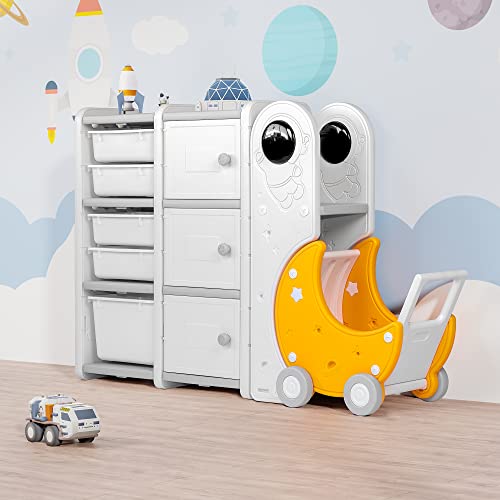 duke baby Kids 3 Layer Toy Storage Organizer with 5 Storage Bins, 3 Toy Cabinets with Doors, Display Bookshelves and Toy Cart for Kids Playroom Bedrooms Age 1-12, Space Collection Medium