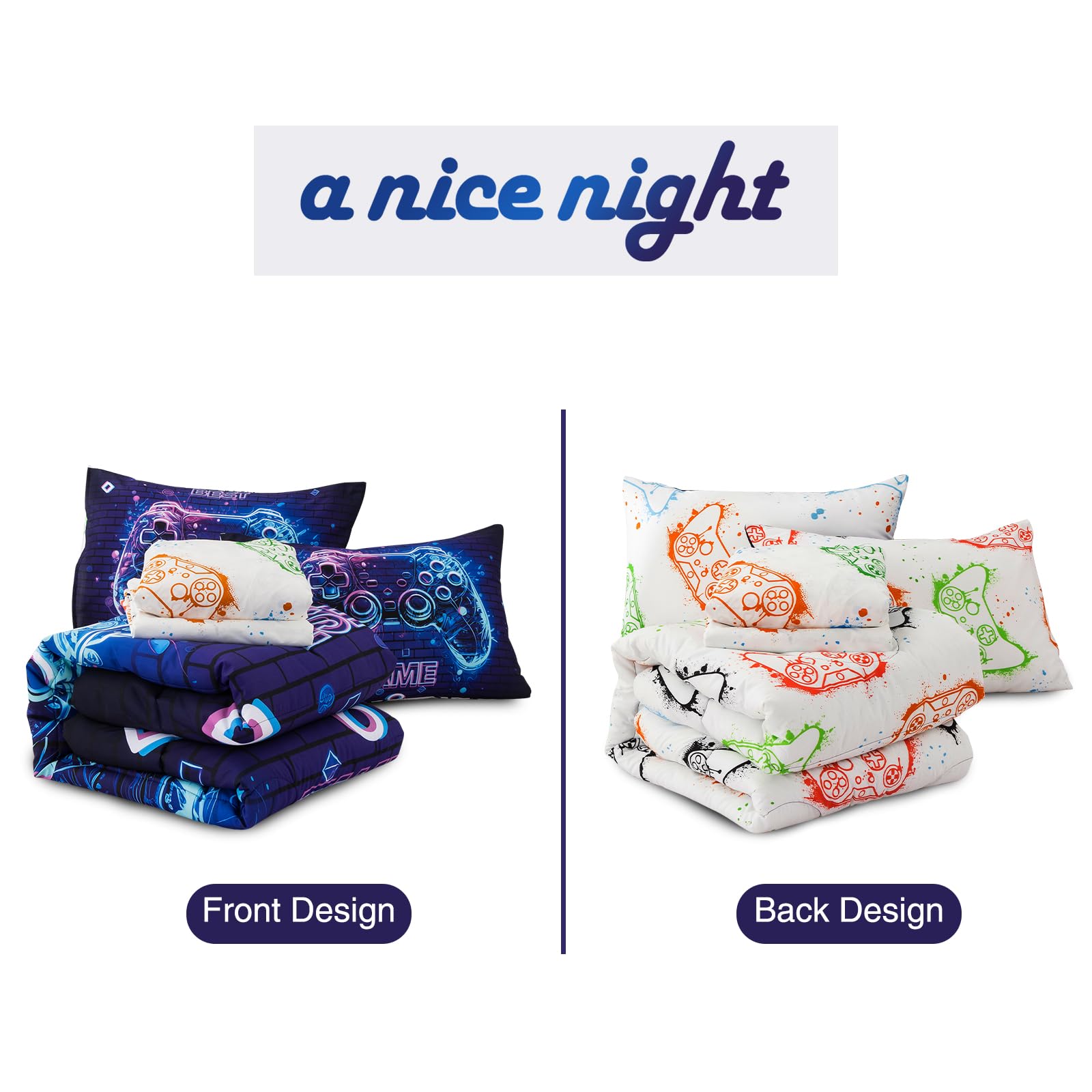 A Nice Night 5Pcs Gaming Comforter Set,Blue Purple 3D Game Contoller Themed Printing Bedding Sets for Kids Teen Boys, Reversible Comforter for All Seasons,Twin