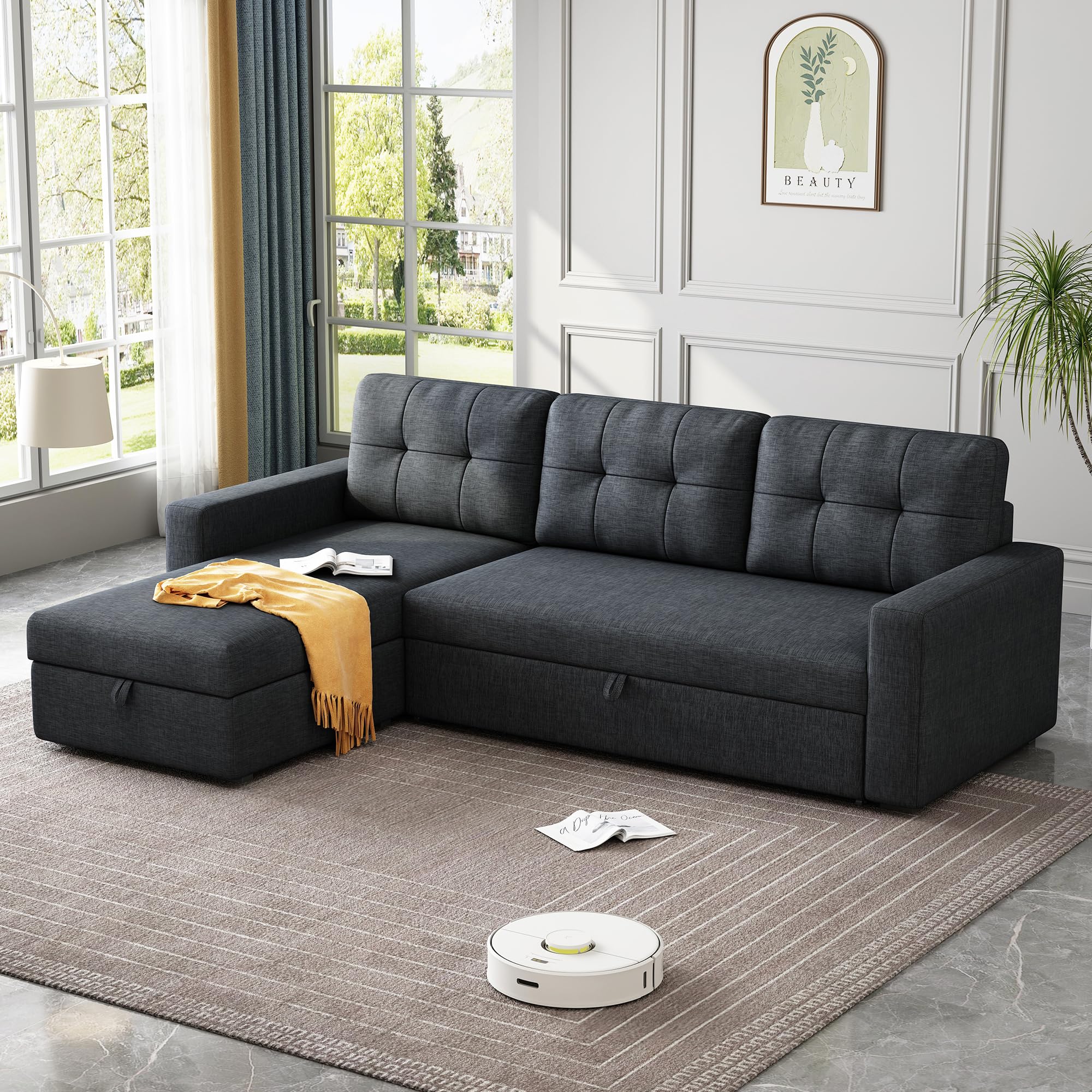 Acosure 82'' L-Shape Convertible Sleeper Sectional Sofa with Storage Chaise and Pull-Out Bed, Linen Upholstered Reversible Corner 3 Person Couch, for Living Room, Apartment