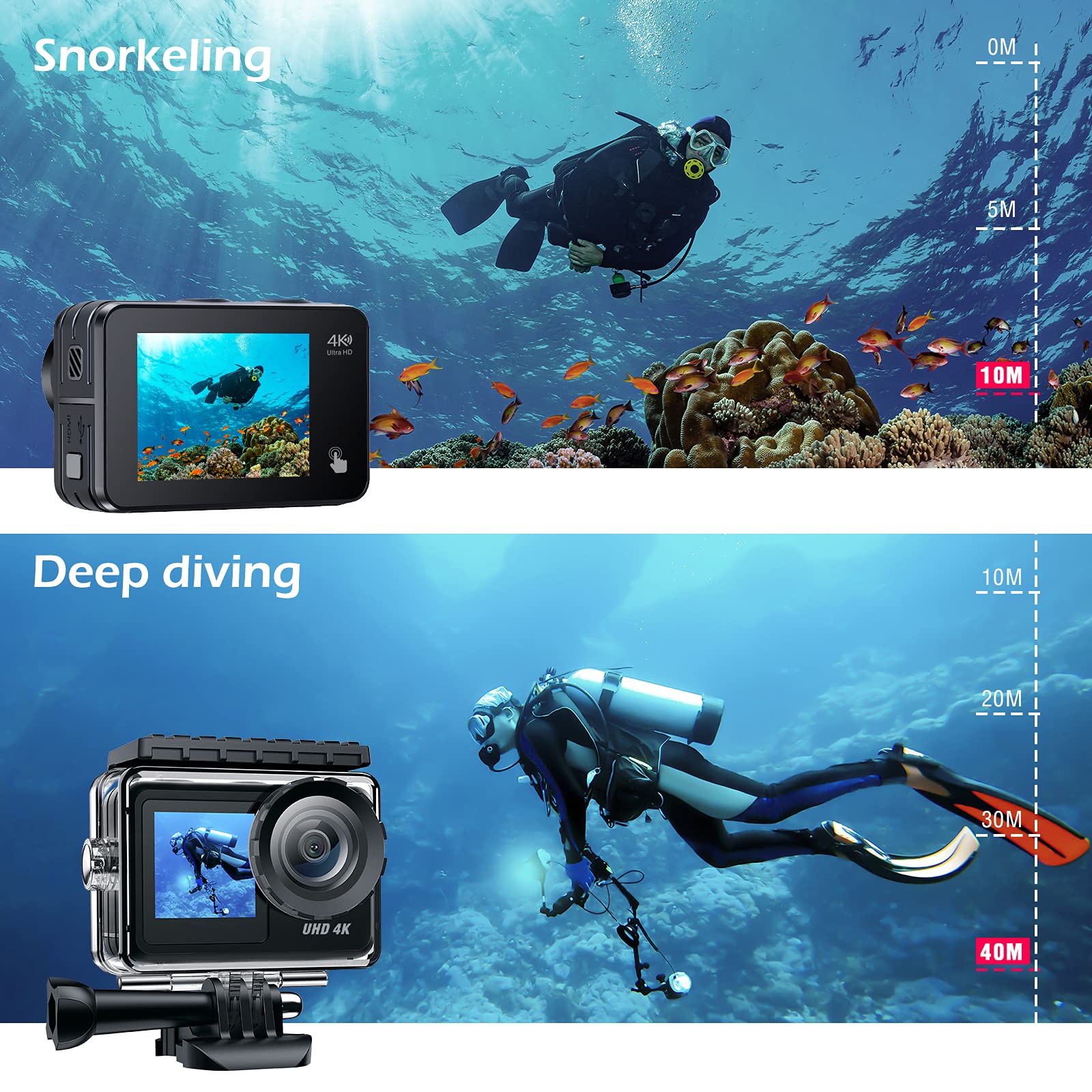 4K 20MP Action Camera Dual Screen 40M Waterproof Underwater Camera, WiFi Sports Camera, PC Webcam with EIS Remote Control, Charger and 2X 1350 Batteries