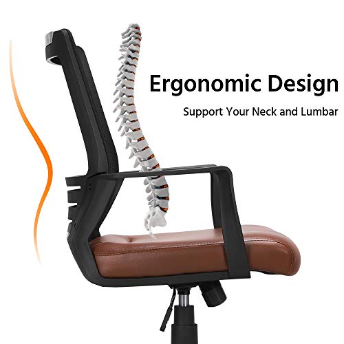 Yaheetech Mid Back Mesh Chair w/Leather Seat Executive Office Chair Computer Task Chair with Armrests Ergonomic Desk Chair with Lumbar Support, Brown