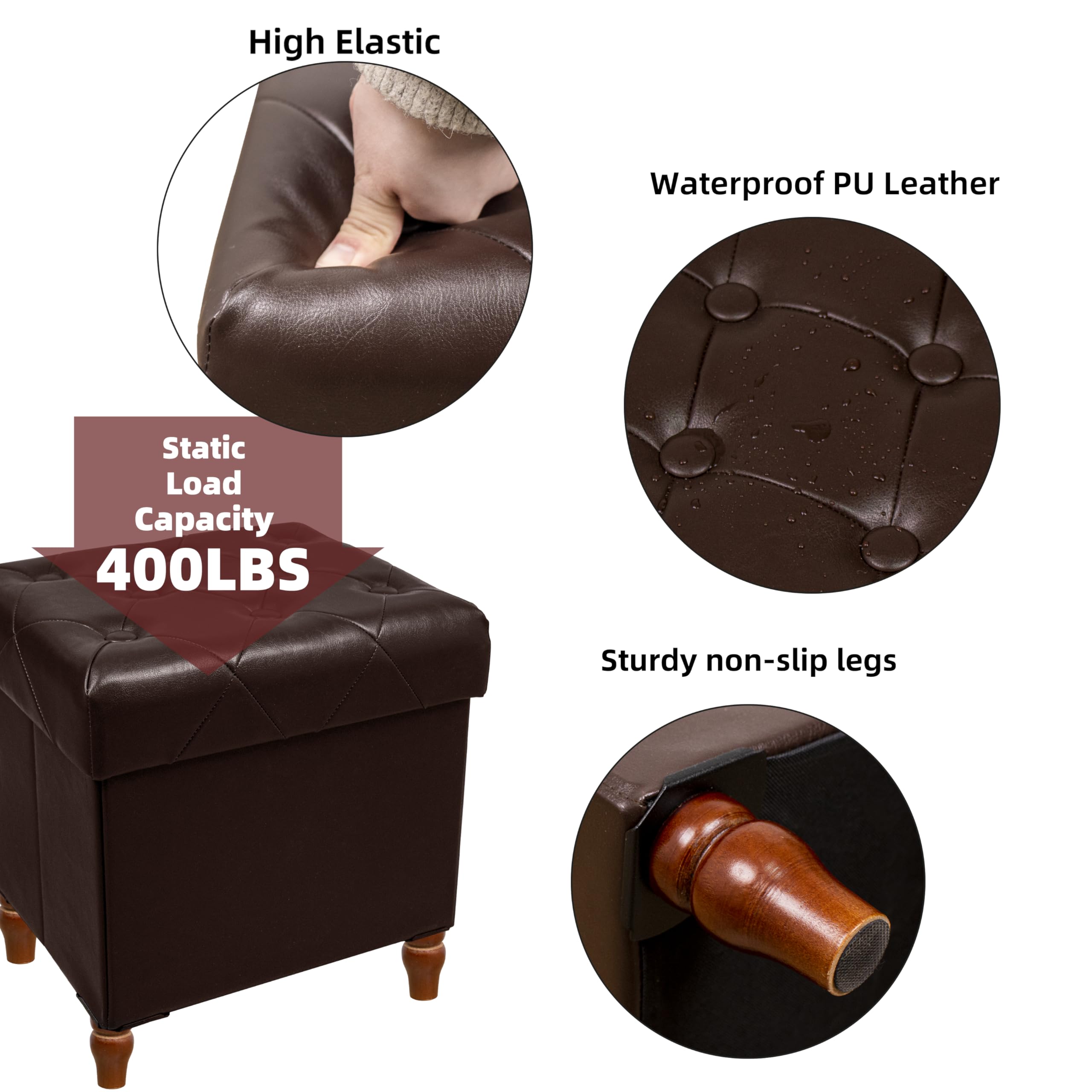 CAROLMADE Folding Storage Ottoman Cube PU Leather Footstool with Wood Legs Toy Storage for Living Room and Bedroom Brown, 15"x12.6"x15.4β