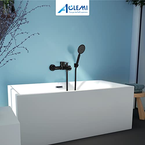 Aolemi Matte Black Wall Mount Bathtub Faucet with Handheld Sprayer Single Handle Shower Mixer Tap 6 Inch Center Bathroom Tub Faucet Stainless Steel SUS304