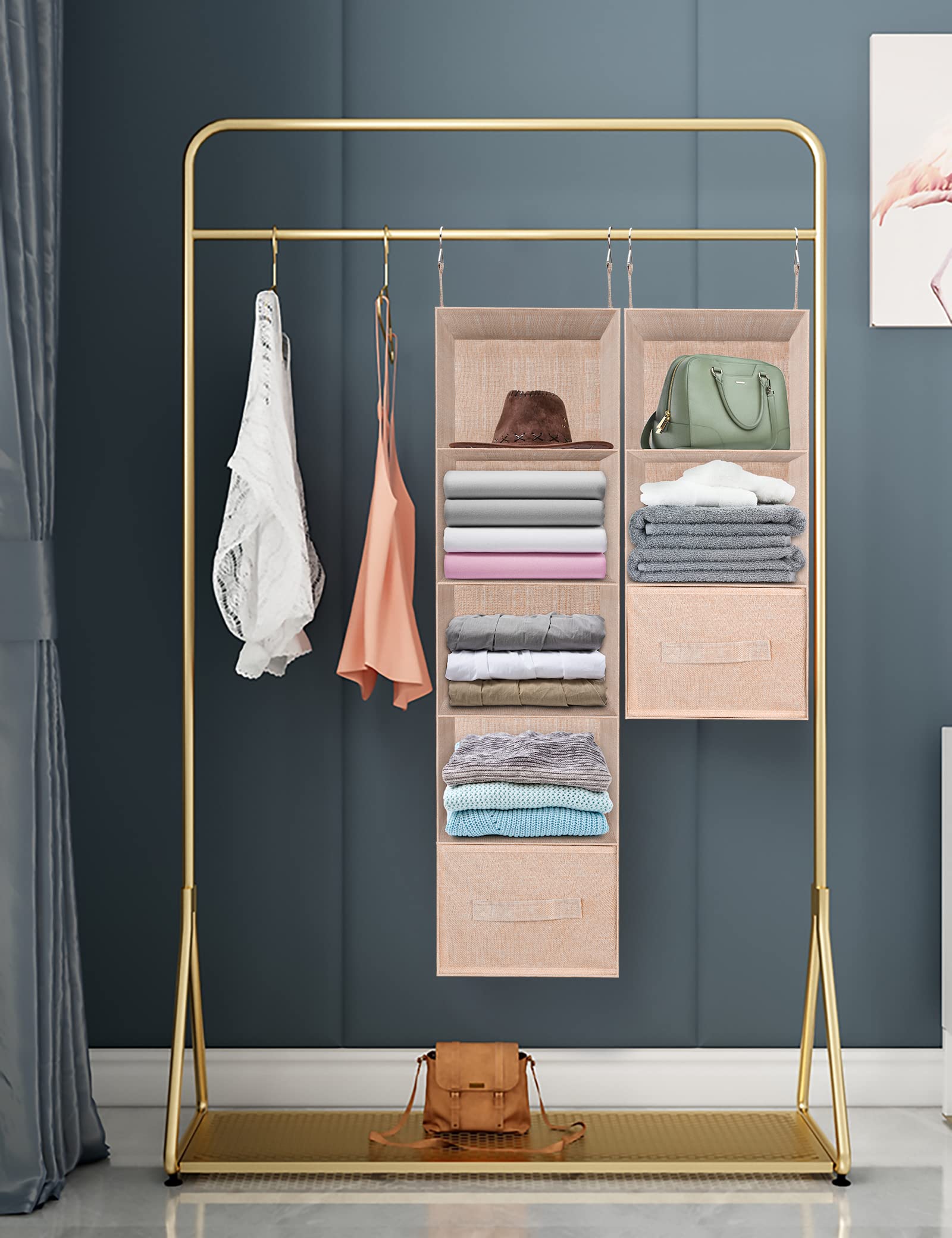 COSIFO 8-Shelf Hanging and Storage with 2 Drawers, 3-Shelf and 5-Shelf Separable Closet Organizers and Storage, Pink Collapsible Hanging Closet Shelves, Baby Nursery Storage Closet Organizer