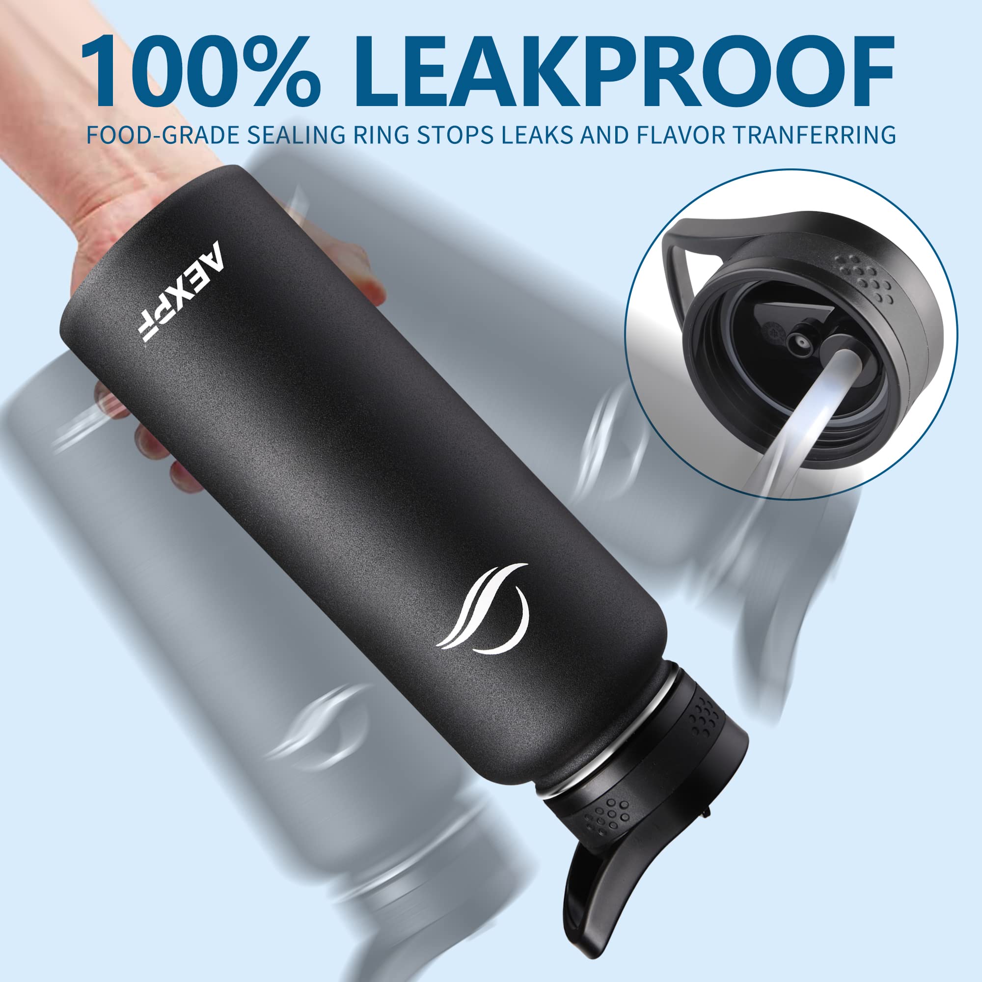 AEXPF 40 oz Insulated Water Bottle, Stainless Steel Vacuum Sports Water Bottle with 3 Lids, Durable Leakproof Metal Thermos, BPA-free Water Flask Jug with Strap, 2pc