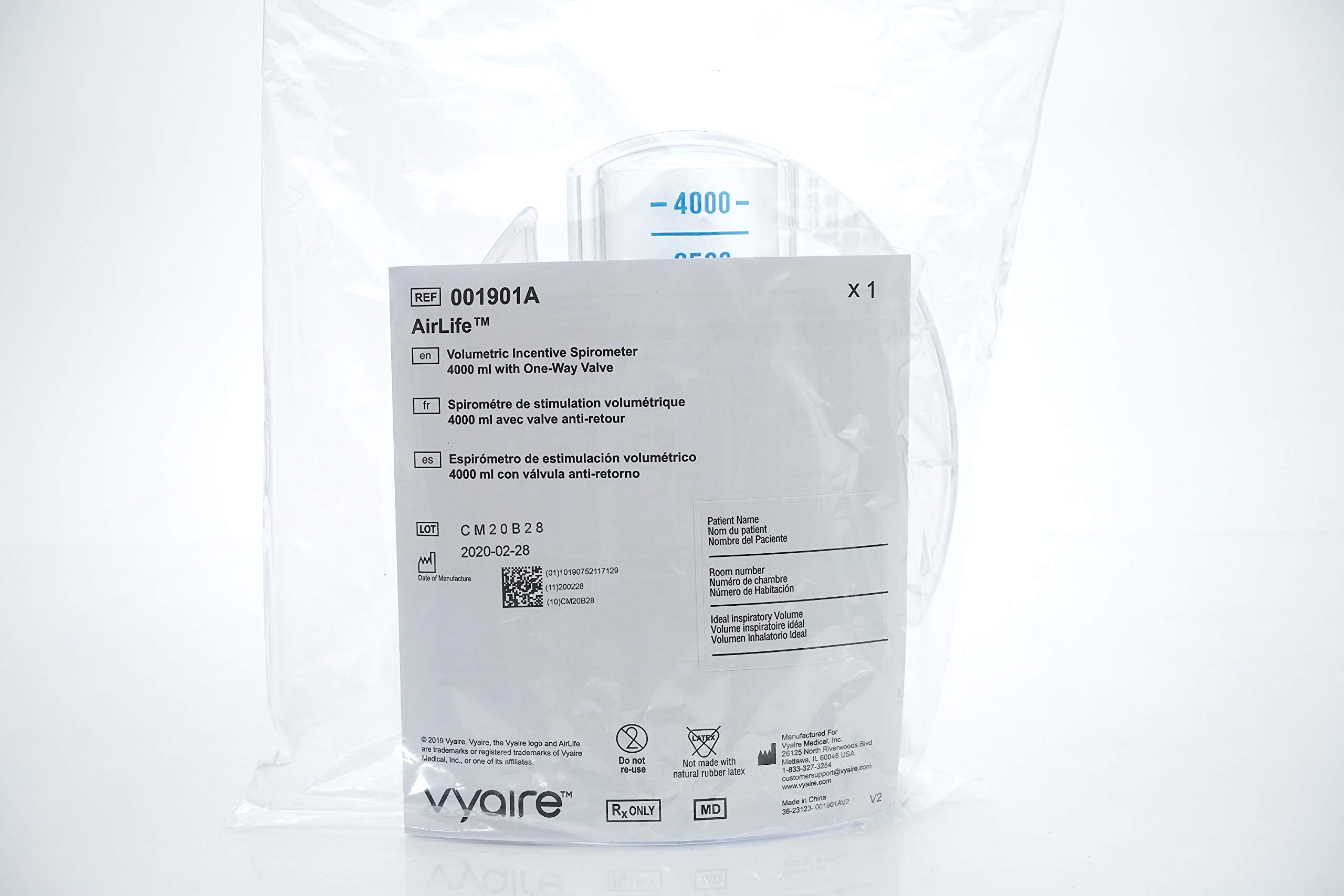Vyaire Medical 1901A AirLife Volumetric Incentive Spirometers, One Way Valve, 4000 mL, Pack of 12