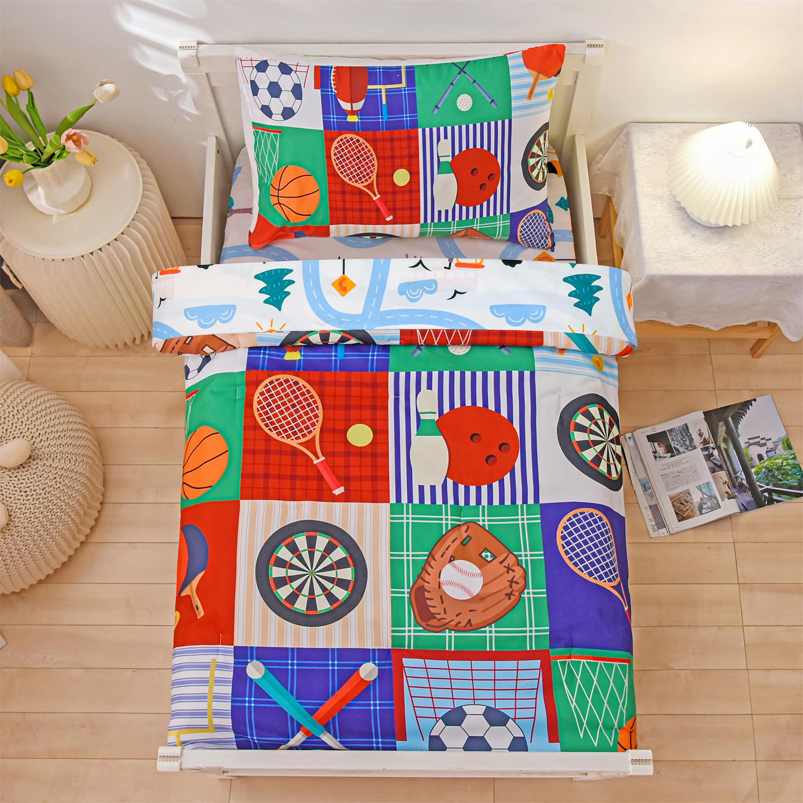 A Nice Night Sports Patchwork for Boys Basketball Baseball Gloves Racket Soccer Toddler Bedding Set,Includes Comforter, Flat Sheet, Fitted Sheet and Pillowcase,with Game Printed Lining