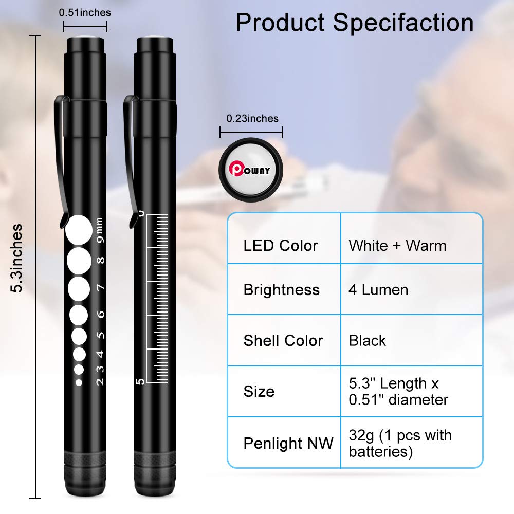 Opoway Pen Light Nurse Pen Light Medical Pen Lights with Pupil Gauge for Nurses Doctors Nursing Students 2pcs Black with Batteries(2 Replacement Warm Light Bulbs Included)