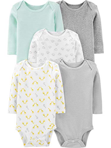 Simple Joys by Carter's Kid's 5-Pack Long-Sleeve Bodysuit Shirt, Mint/Stripes/Heather Grey/Prints, 18M