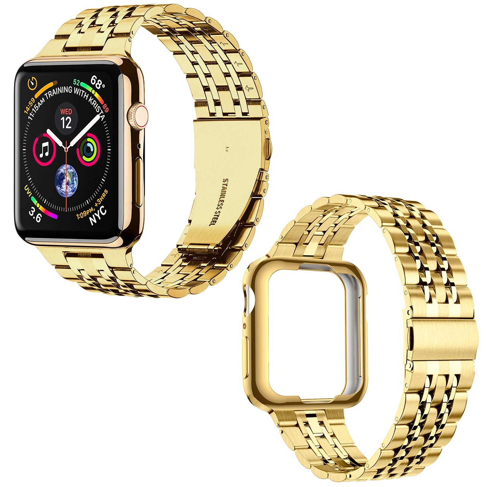 MioHHR Compatible with Apple Watch band 44mm 42mm (Not Series 10), Solid Stainless Steel Metal Strap for iWatch Series 6 5 4 3 2 1 SE, Gold