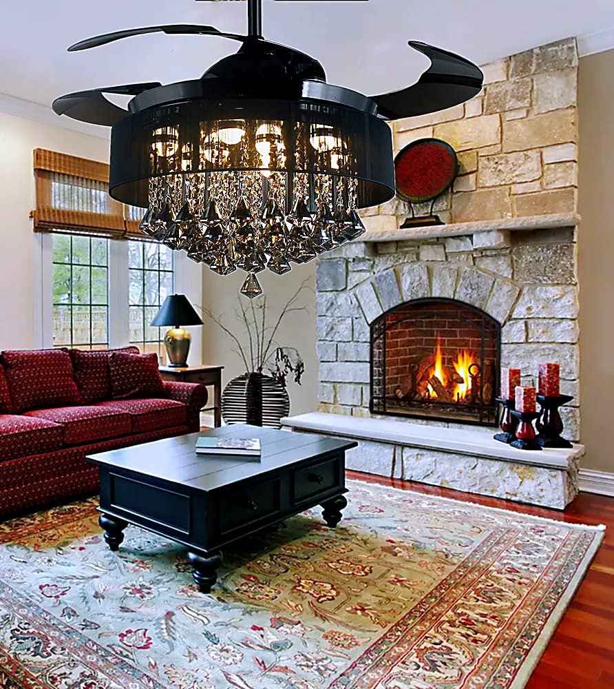 AFANQI 42" Crystal Ceiling Fan with Light Chandelier with 3 Speed 3 Color Indoor LED Remote Control Chandelier Retractable Fandelier, Luxury Lighting for Dining Room Decorate(42" Black Crystal)