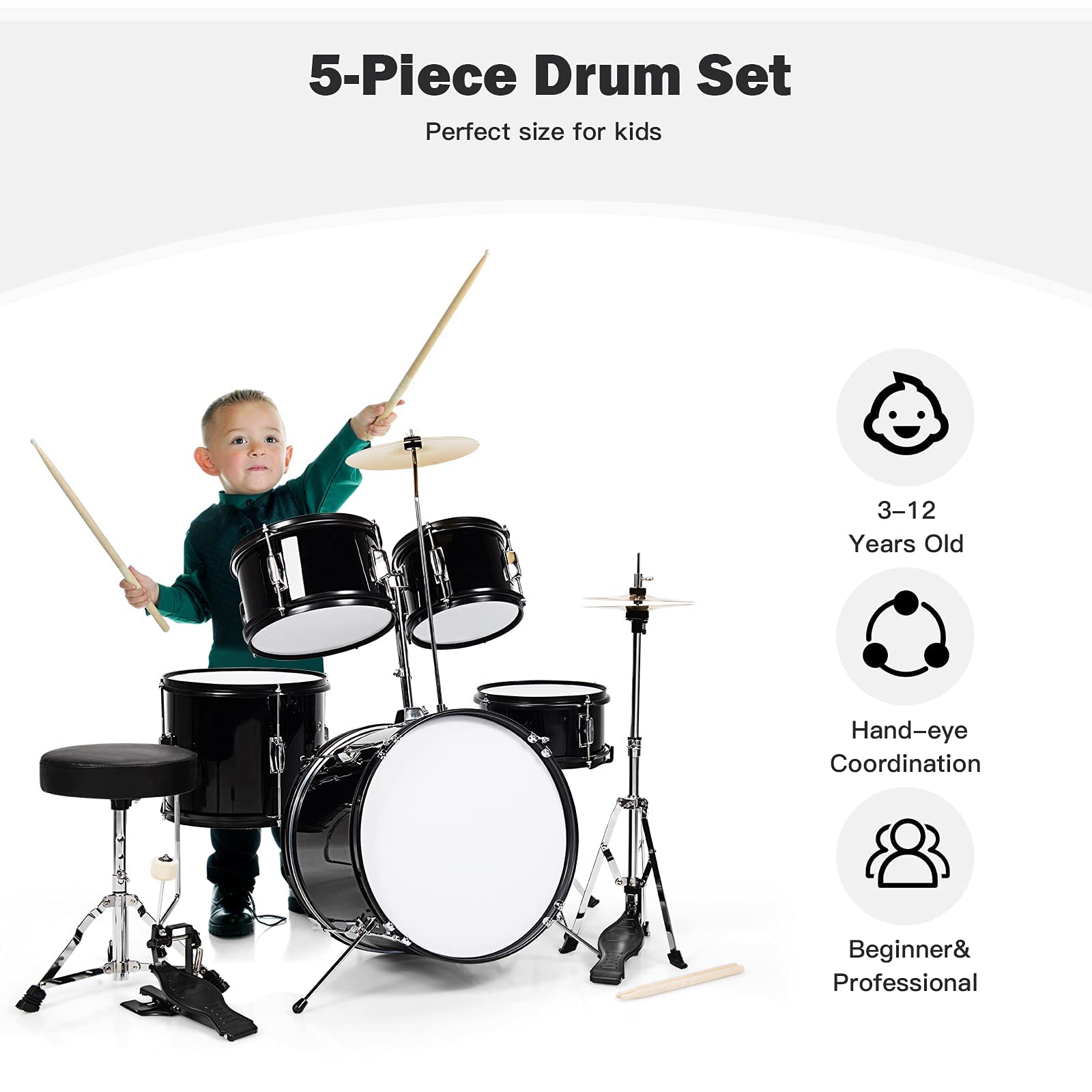 Costzon 16β Kids Drum Set, 5-Piece Full Size Complete Junior Drum Set with Adjustable Throne, Cymbal, Hi-Hat, Pedal & Drumsticks, Beginner Drum Kit with Bass Snare Tom Drum, Age 3-12, Black
