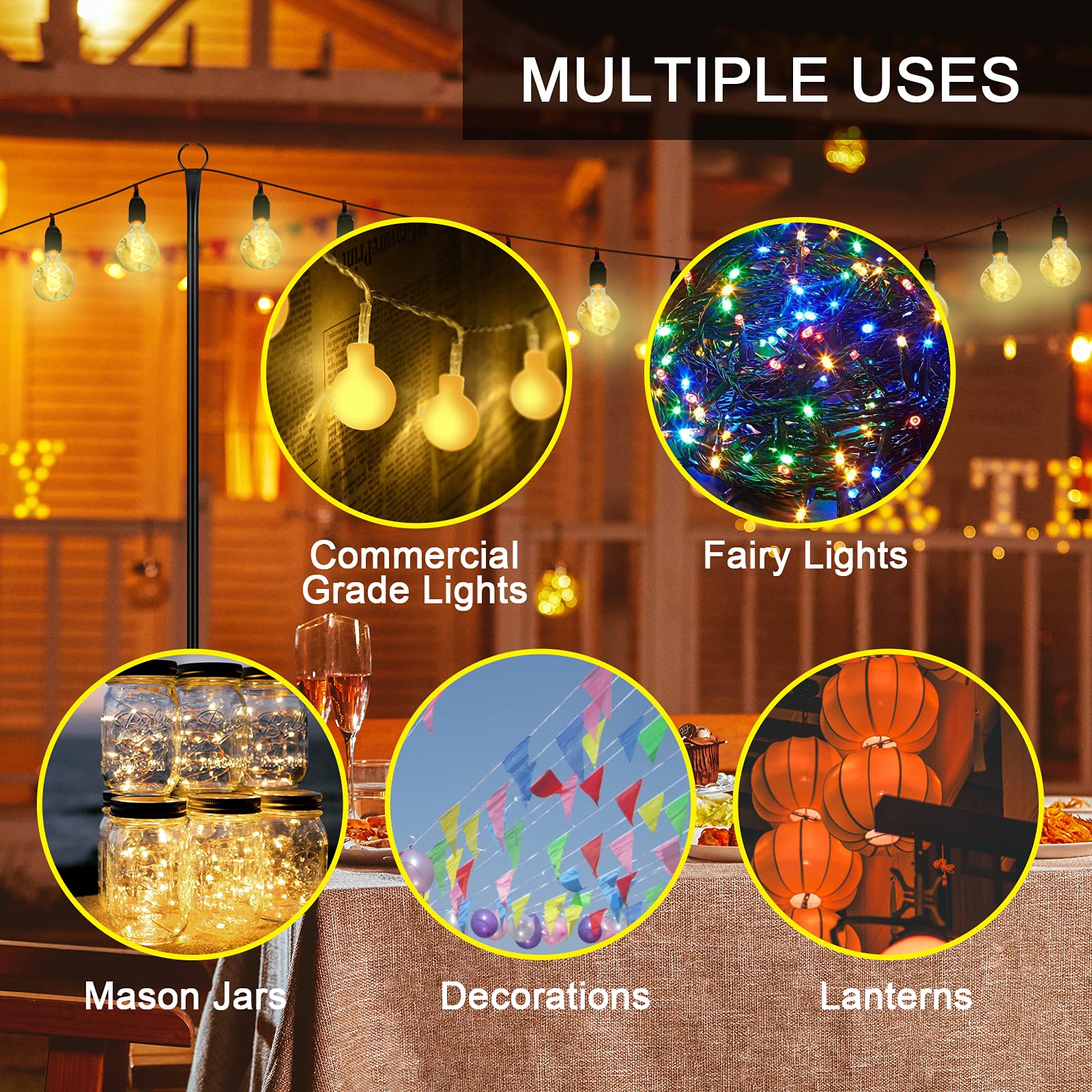 Xflism Outdoor 9FT Metal Poles with Hooks for Hanging String Lights 2 Pack - Garden, Backyard, Patio Lighting Stand for Parties, Wedding, Black