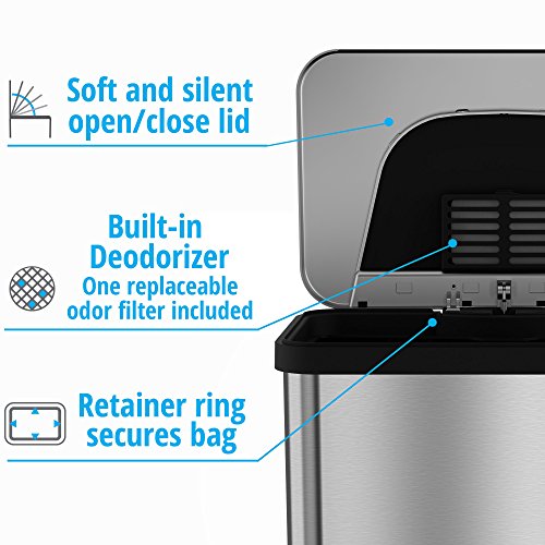 Halo TapCan 13 Gallon Effortless Trash Can with One-Tap Pedal Sensor and Odor Control System and AC Adapter-Stainless Steel with Black Trim