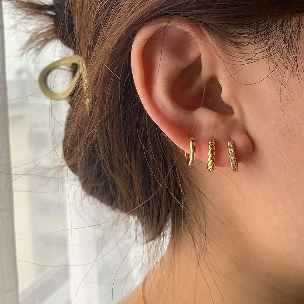 4 Pairs 14k Gold Hoop Earrings Set Twisted Glossy Zirconia Small Huggie Earrings For Multiple Piercing Cuff Cartilage Jewelry For Women