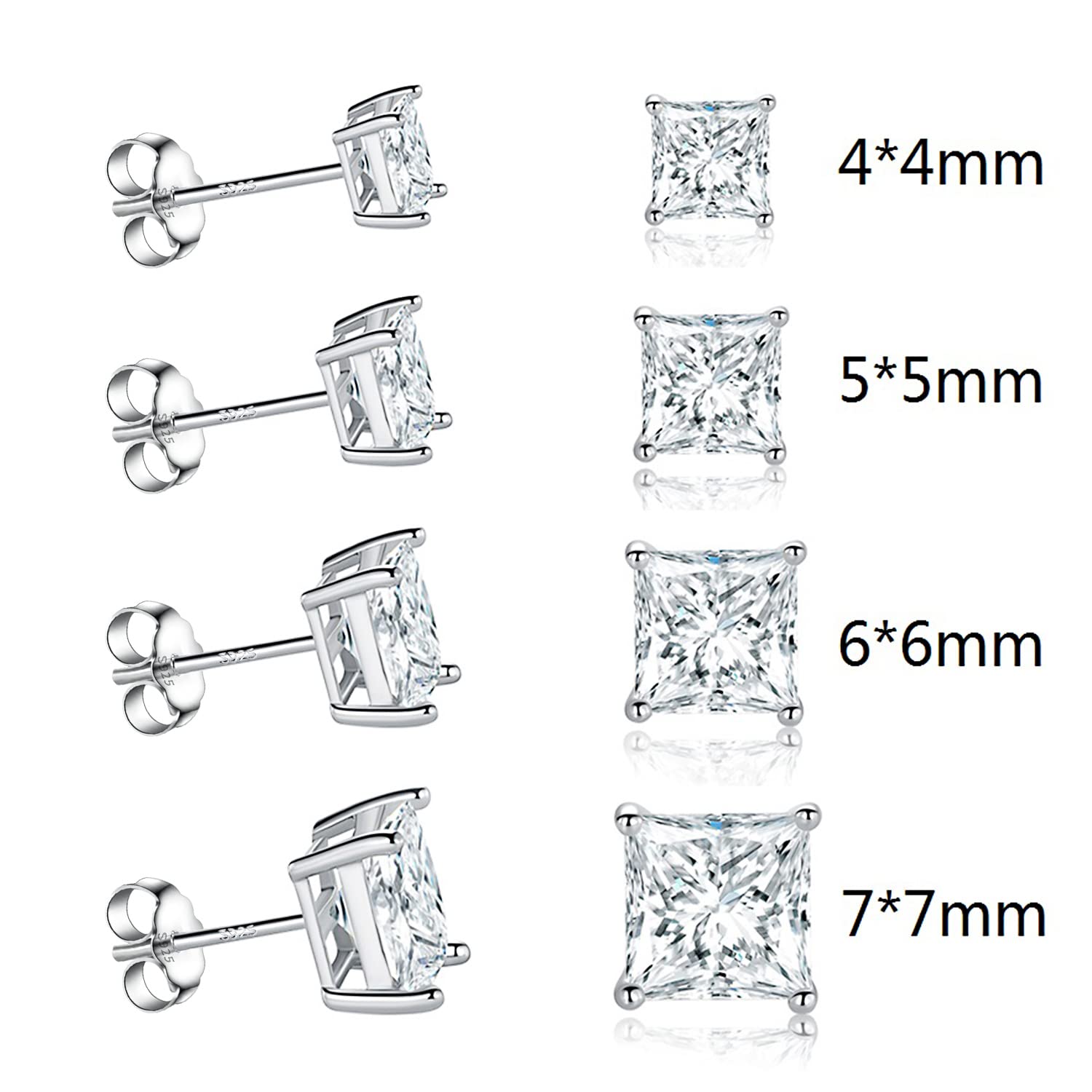 4 Pairs 925 Sterling Silver Square Stud Earring Set, 18K White Gold Plated Princess Cut Clear Cubic Zirconia Hypoallergenic Earrings Pack for Women and Men