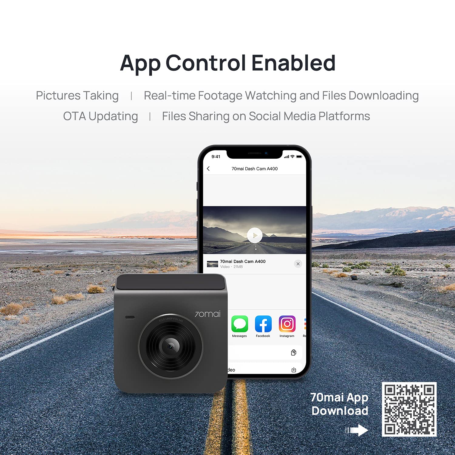 70mai Dash Cam A400, Gray, Front and Rear 2K QHD, 2" LCD, Built in WiFi, Parking Monitor, 145° Wide-Angle FOV, WDR Night Vision, iOS/Android Mobile App
