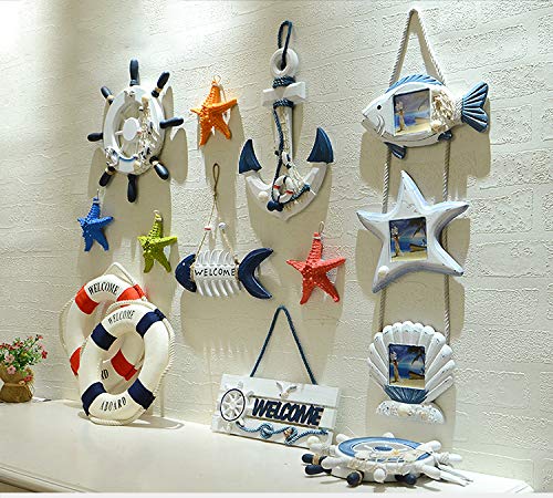 Hooshing Boat Steering Wheel Decor Wooden Mediterranean Style Crafts Rudder Wall Decoration Fishing Net for Wall Door Home Office White