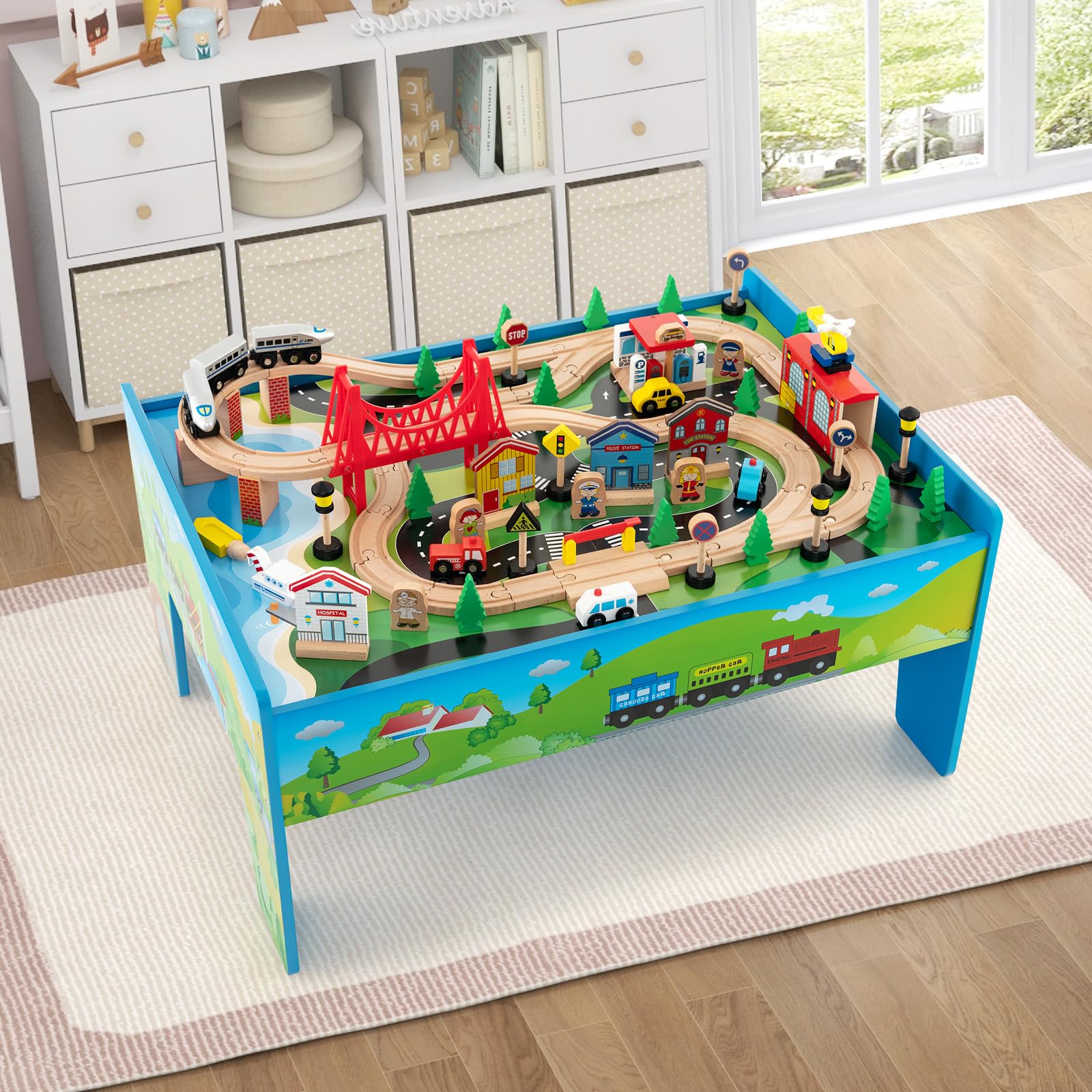 Costzon Train Table with 100 Multicolor Pieces, Wooden Kids Activity Table with Large Rolling Storage Drawer, Tracks, Cars, DIY Design, Train Set Table for Toddlers 3+, Gift for Boys Girls
