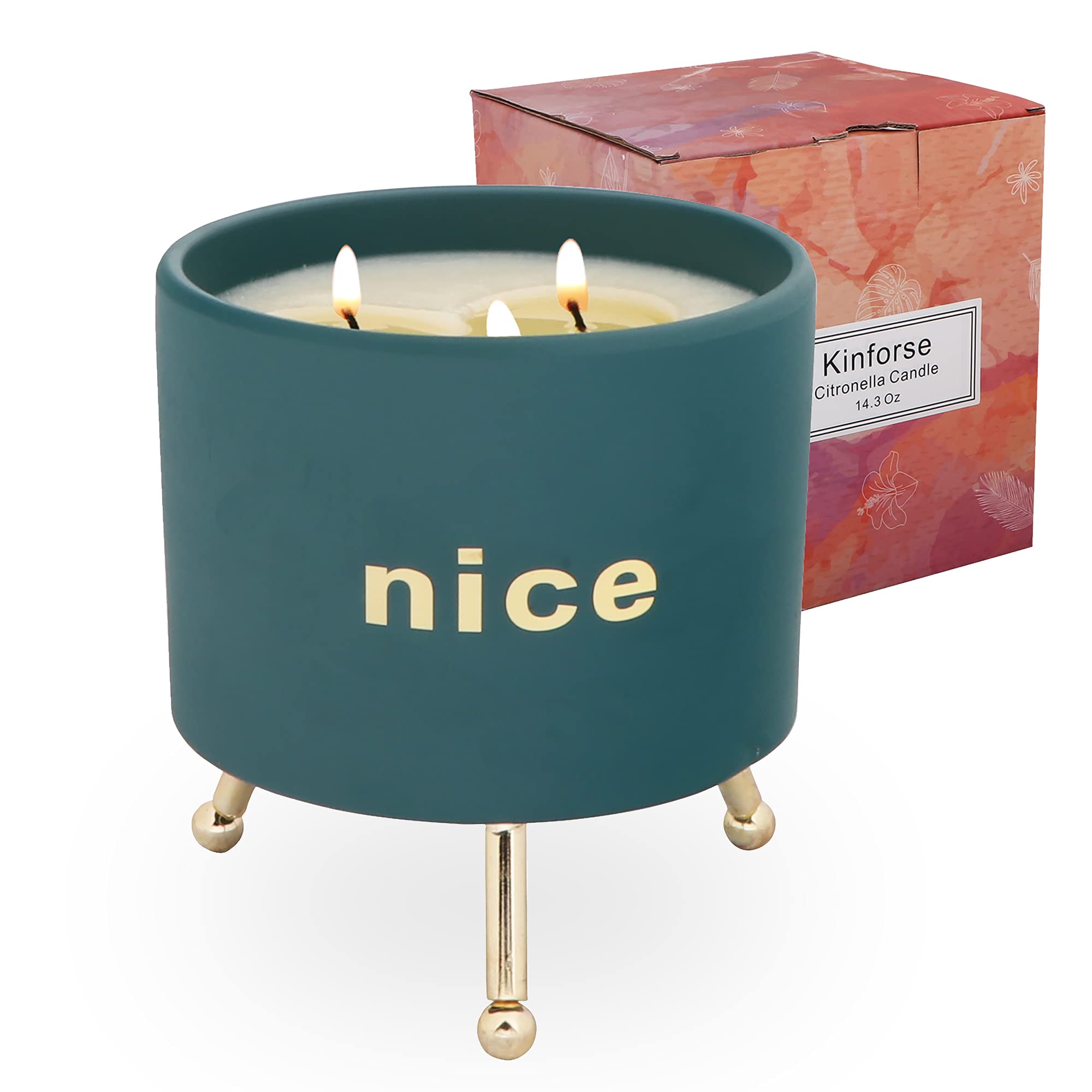 Citronella Candles Outdoor and Indoor, 50 Hours Long Burning, 14.3 Oz Large Citronella Scented Candle Decorative, 3 Wick Wax Tin, Long Lasting Essential Oil Soy Wax for Home Garden Patio Balcony-Green