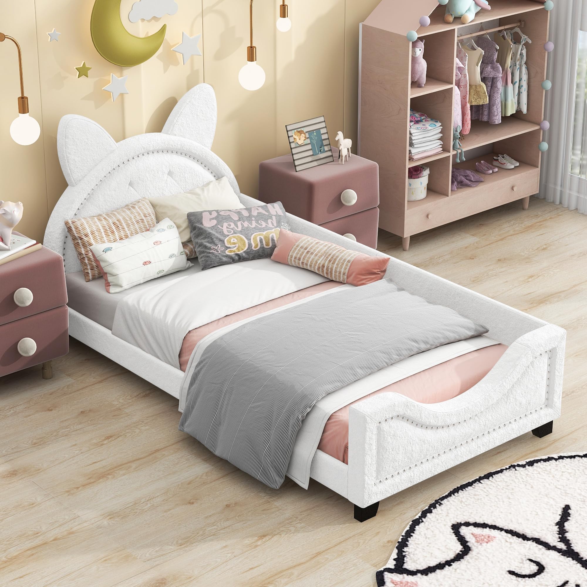 Acosure Teddy Fleece Twin Size Upholstered Daybed with Carton Ears Shaped Headboard for Kids Bedroom,Wood Low Floor Platform Bed,Super Save Space/Easy Assembly/No Box Spring Needed,White