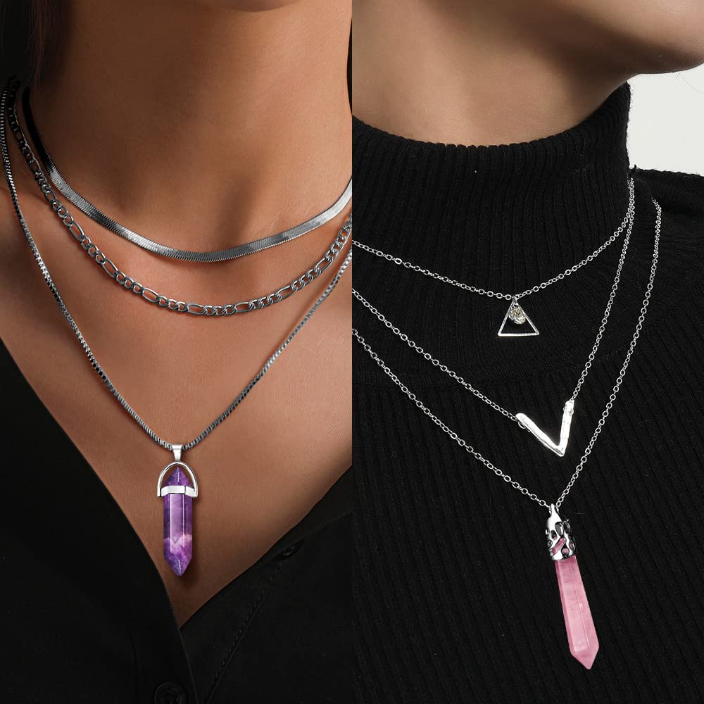 6 PCS Chain Necklace Egirl Men Male Emo Goth Chains Statement Lock Key 1-4 Layered Pendants Necklace for Women boy Long Multilayer Chains Punk Choker Silver and Gold Set