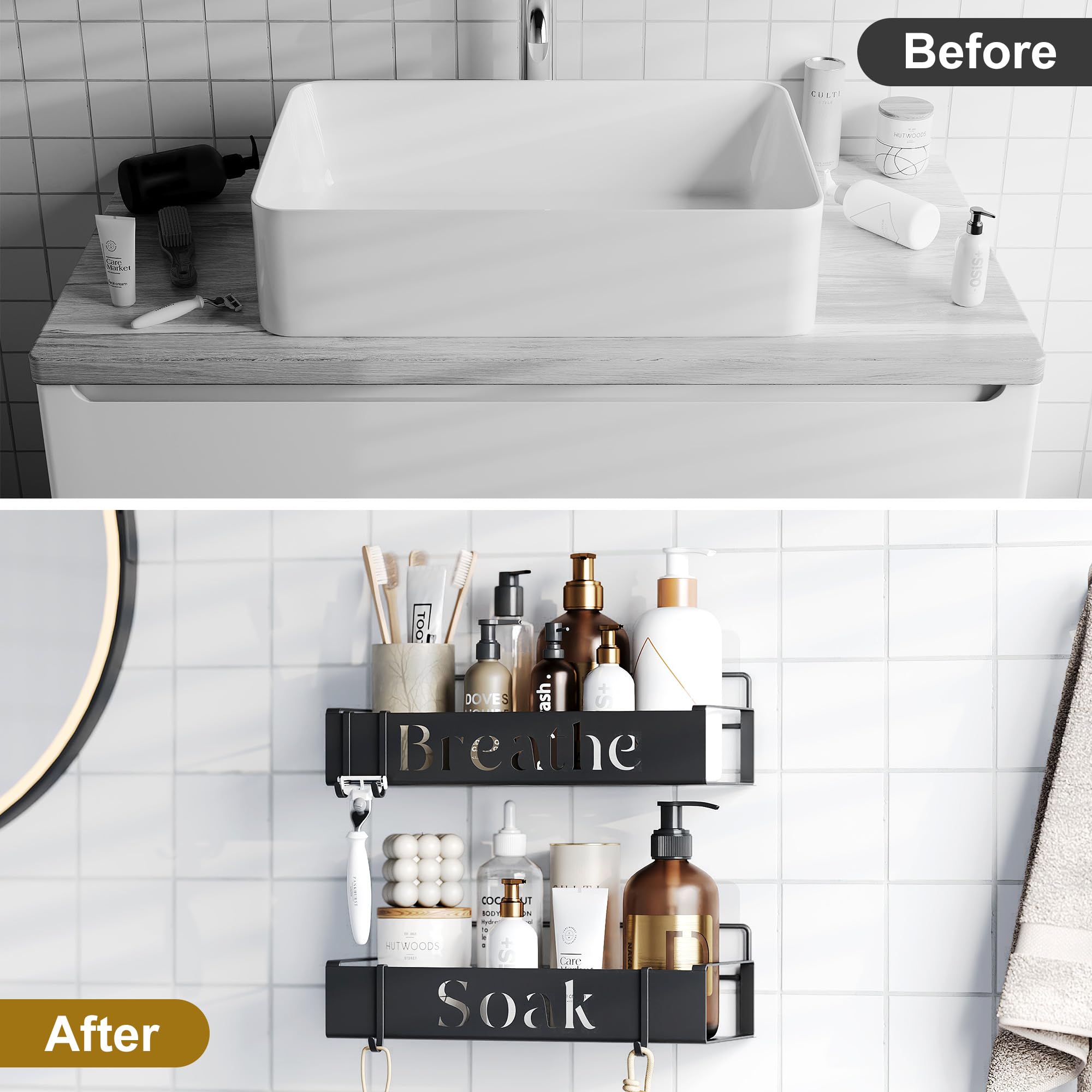 Thideewiz Shower Caddy,Adhesive Shower Shelf with 4 Hooks,No Drill Bathroom Organizer,Hold up to 11 Lbs for Bathroom Organization and Storage - 2 Pack,Black (Breath Soak)