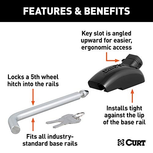 CURT 23256 5th Wheel Base Rail Lock, 1/2-Inch Pin Diameter, Fits All Industry-Standard Rails,Black & Chrome