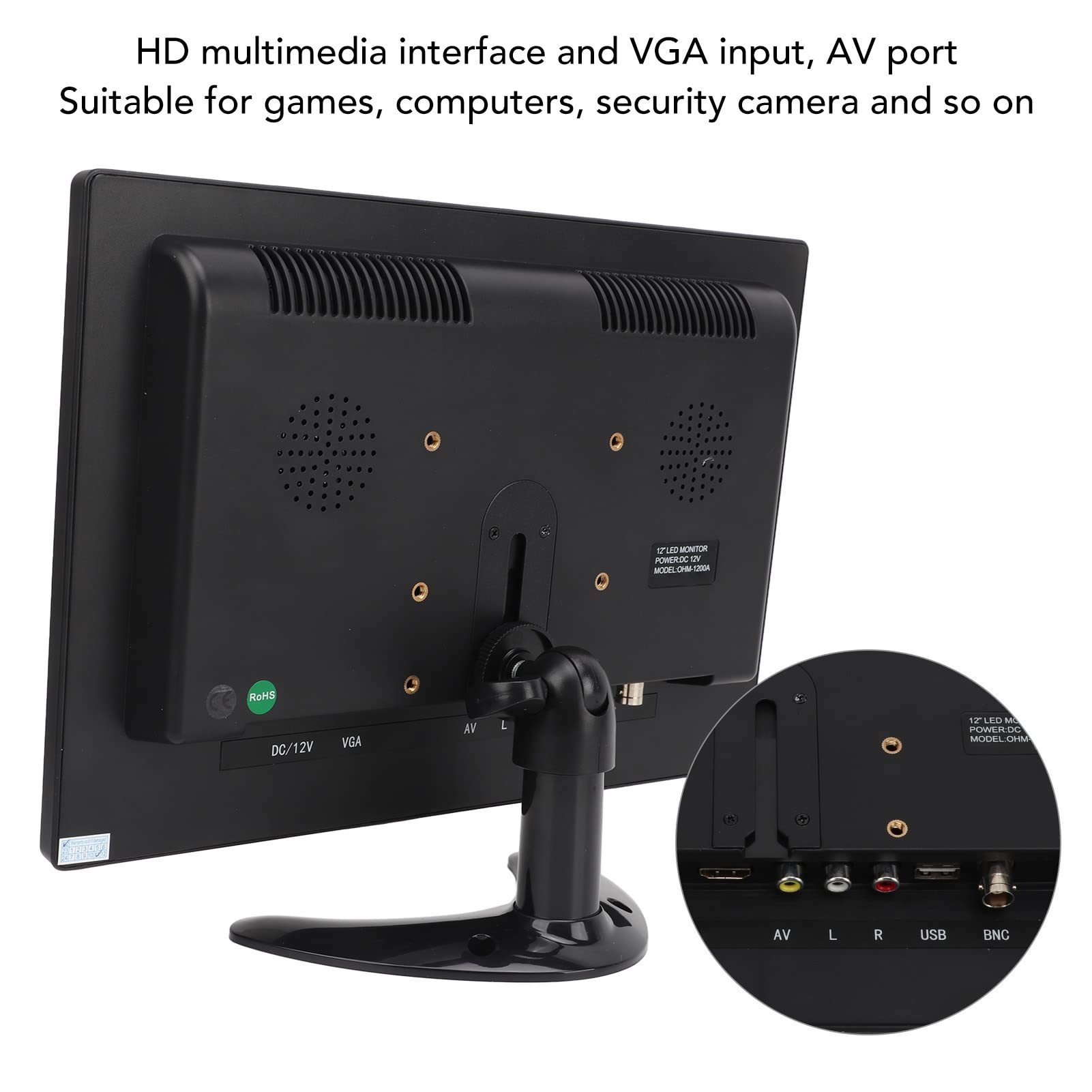Acouto 12 Inch TFT LCD Monitor 16:10 1280x800 720P 1080P VGA HD Multimedia AV BNC USB DC Input Portable HD Color Display with Speaker Remote Control 100β240V
