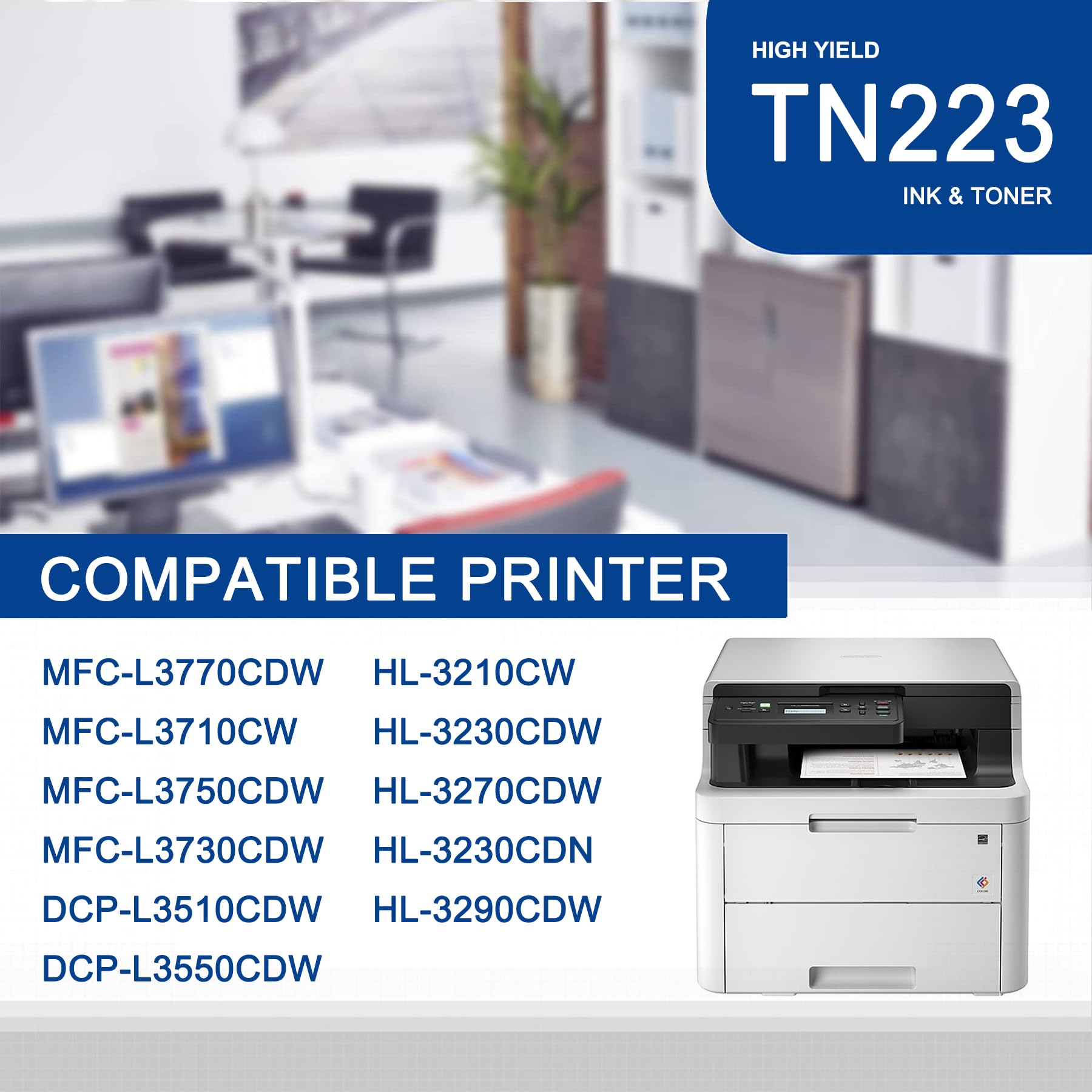 4 Pack TN223 BK/C/M/Y Toner Cartridge High Yield Compatible TN223 Replacement for Brother MFC-L3770CDW L3710CW L3750CDW HL-3210CW 3270CDW 3290CDW DCP-L3510CDW L3550CDW Printer